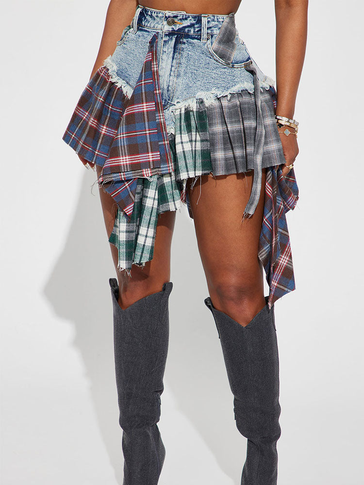 Asymmetric Denim Patchwork Plaid Shorts – Omcne