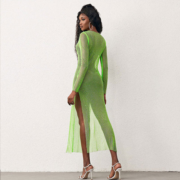 Sparkly Fishnet Crystal Embellished Long Sleeve Maxi Dress - Neon Gree