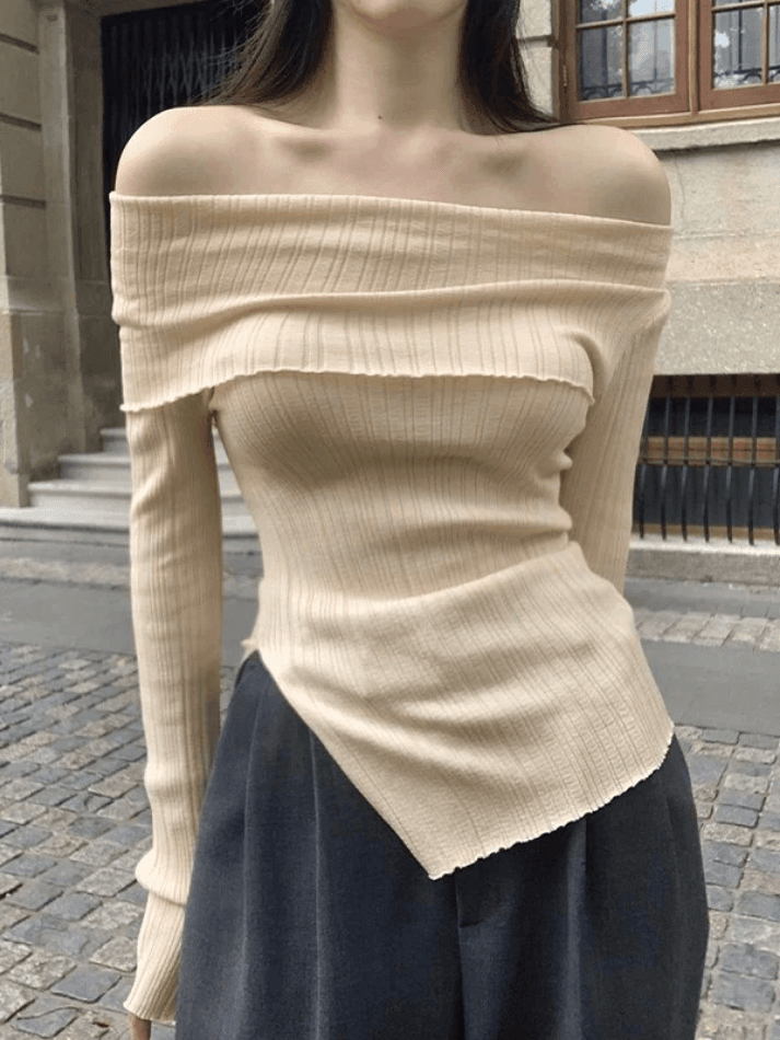 Split Off Shoulder Ribbed Knit Top – Omcne